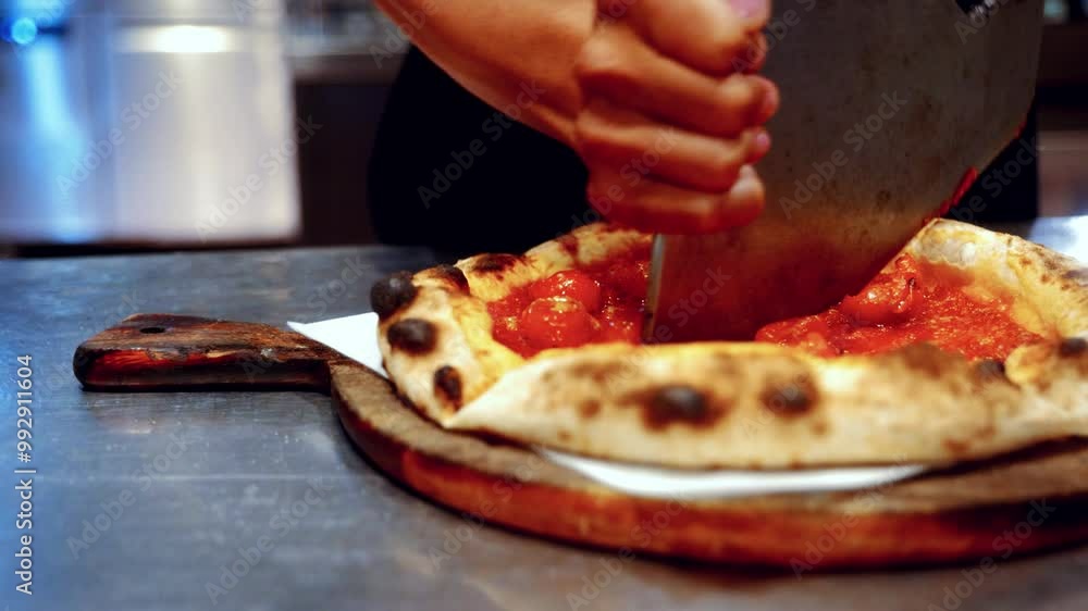 Authentic pizza making process in traditional Italian pizzeria, with ...