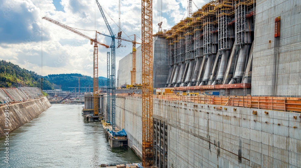 Image of a large hydroelectric power plant expansion, showing the ...
