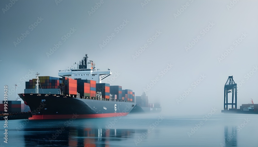Mysterious container ship anchored at fog-covered port, atmospheric ...