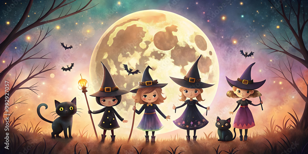 Witchy Friends Under the Full Moon: Four adorable witches, dressed in ...