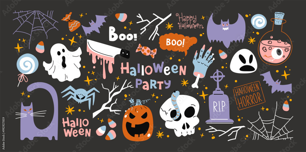 Halloween stickers and scary magic in cartoon style 90s. Vintage ...