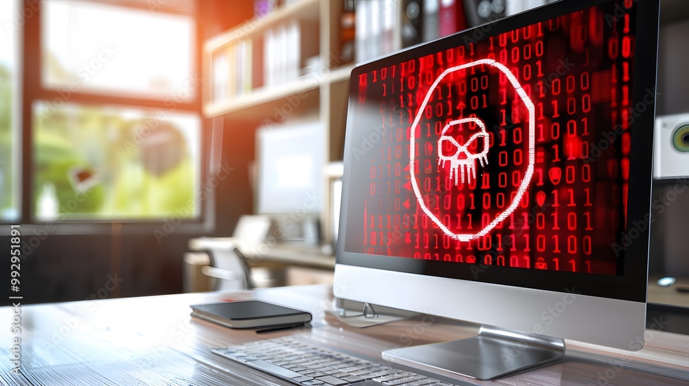 Computer screen showing red ransomware warning message in home office ...