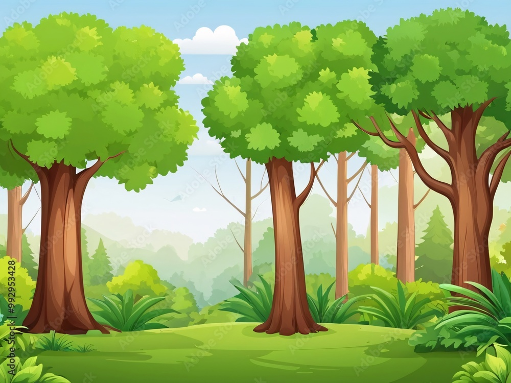 Forest scene with various forest trees vector a flat nature background ...