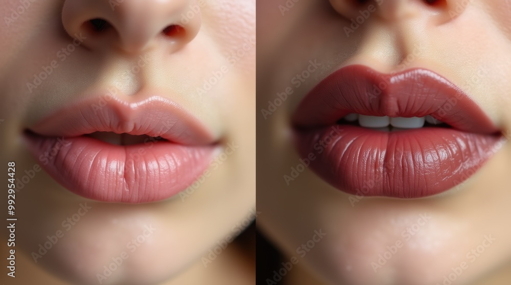 Side-by-side comparison of natural lips vs. lip fillers with nude and ...