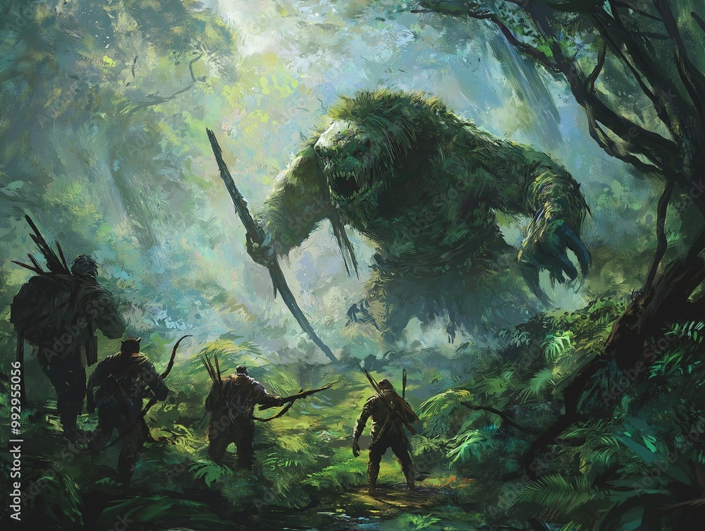Primitive hunters with spears and bows chase a mythical monster in a ...