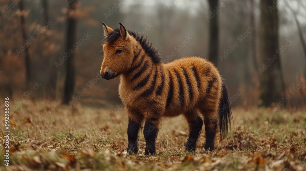 Hybrid animal resembling a zebra-pony mix standing in a forest clearing ...