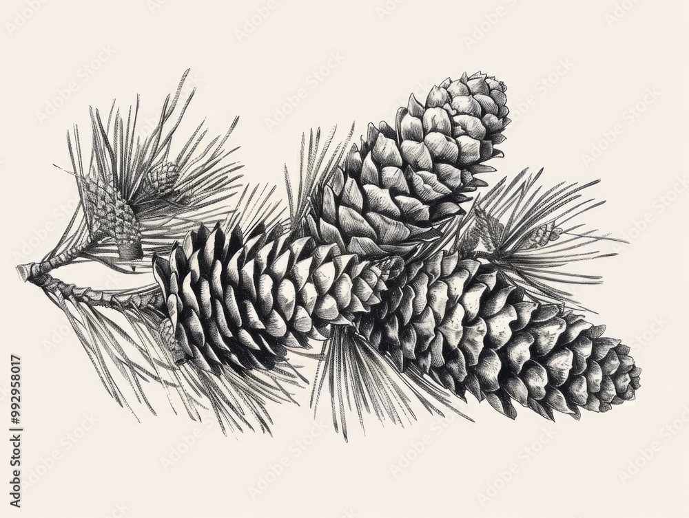 Pine Drawing. Ancient Artwork of Botanical Botany, Antique Pine Branch ...
