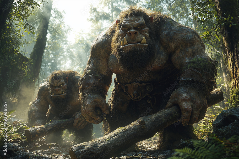 ogre warriors charging with ferocity through a misty forest ...