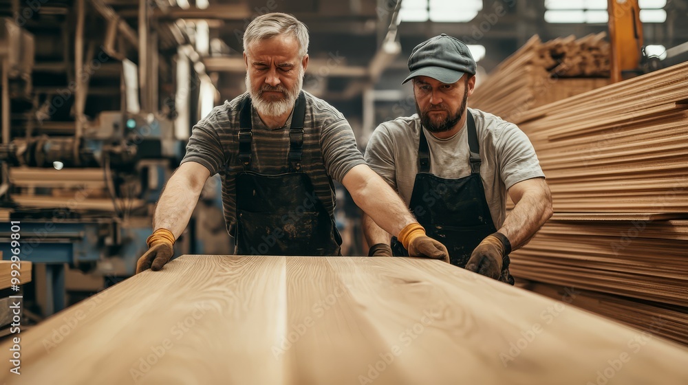 Two skilled carpenters working together in a woodworking shop, handling ...