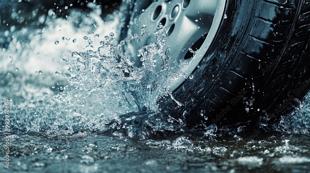 Water splashes around a moving car tire, creating a dynamic and ...