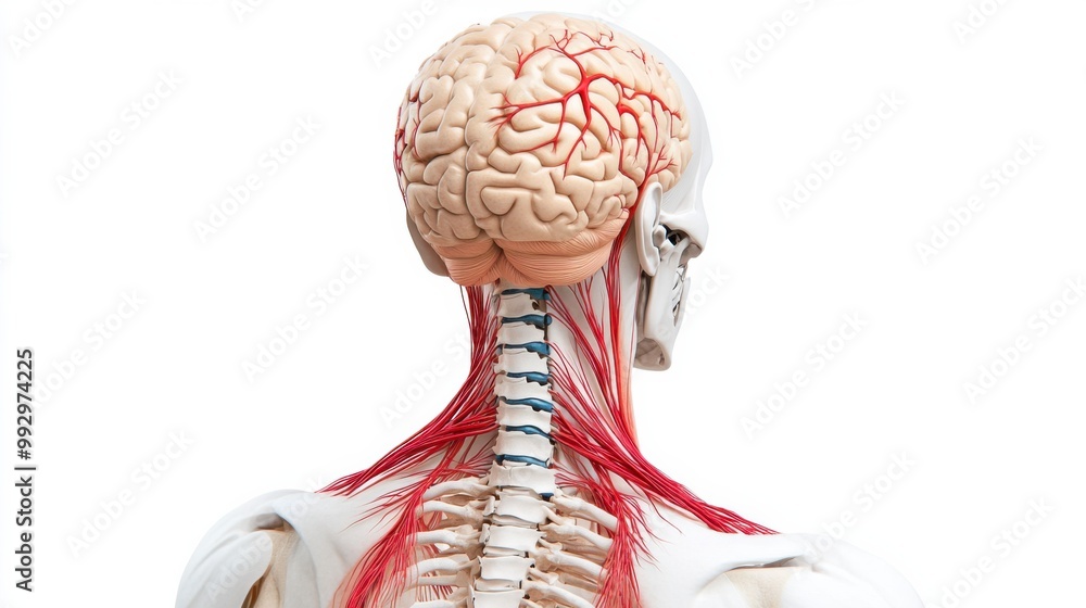 Detailed anatomy model showing the human brain and spinal cord with ...