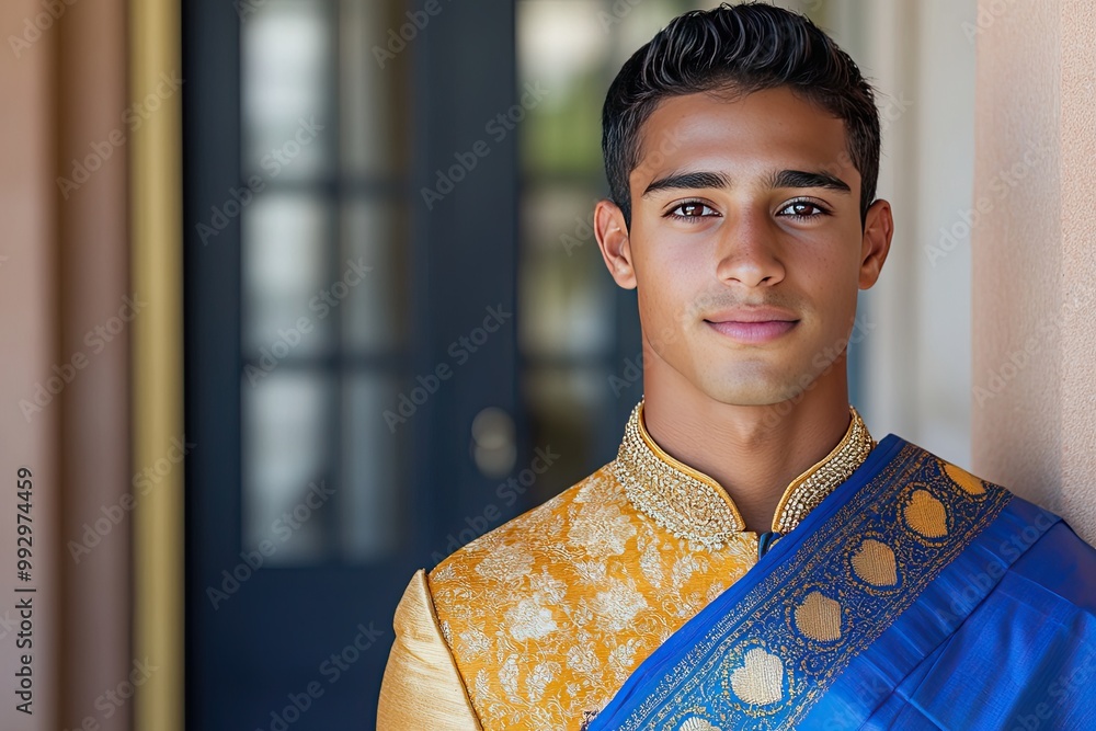 A man in a blue and gold traditional Indian outfit. The photo showcases ...