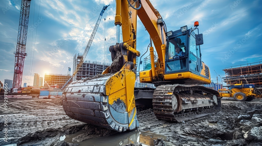 Heavy machinery transforms a bustling construction site under a ...