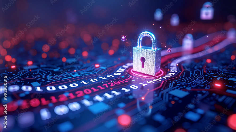 Glowing Binary Code and Symbols in a Secure Tunnel Pathway with Circuit Designs in cybersecurity ...