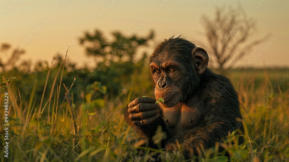 Australopithecus africanus exploring a grassy savannah while gathering ...