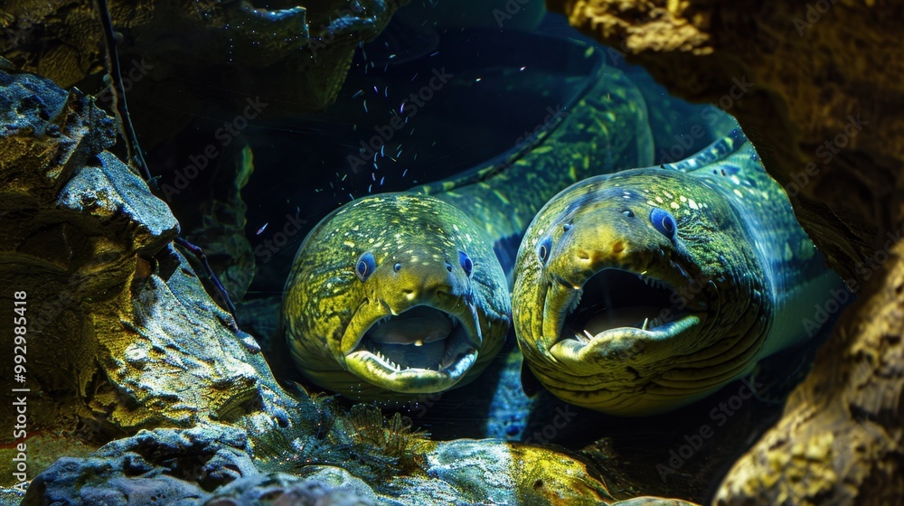 Moray Eel Cave: A captivating tank with rocky formations, housing green ...