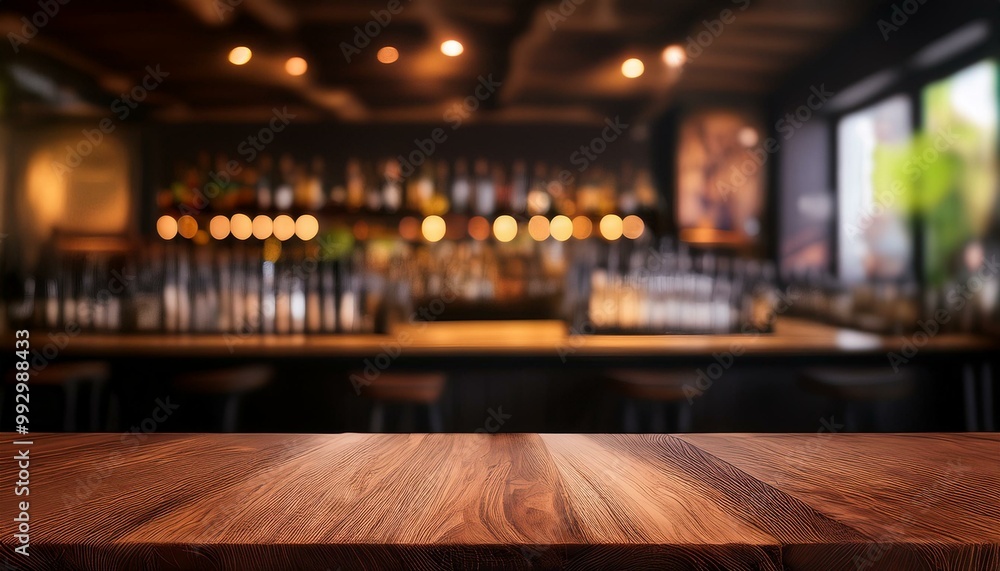 Wooden brown tabletop on the background of a blur bar. Blank countertop ...