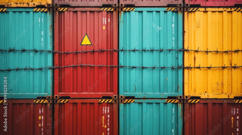 Cargo containers stacked but blocked by barbed wire and warning signs ...