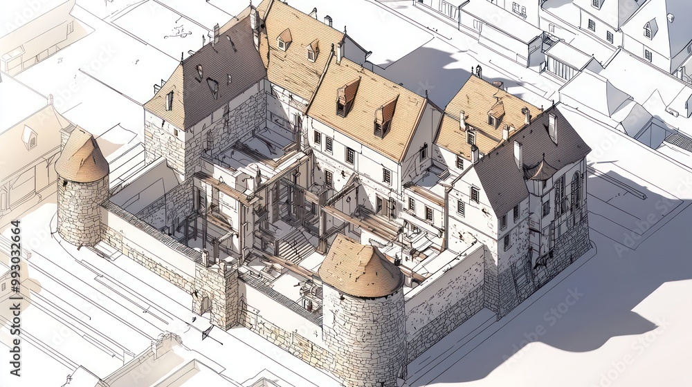 Technical drawing of a historic castle renovation, including structural ...