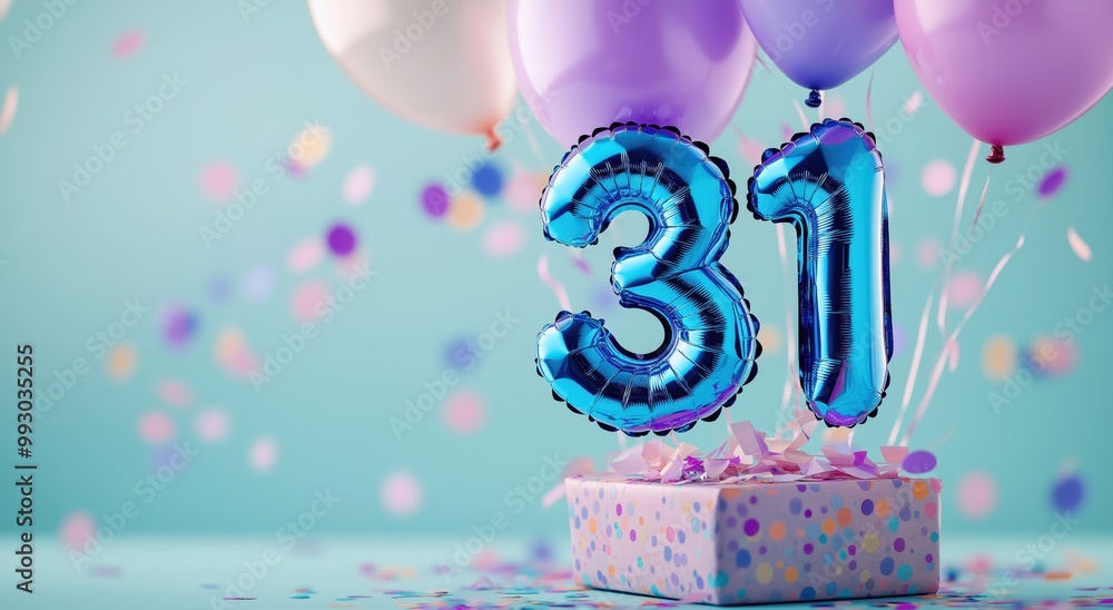 Colorful balloons and gift box with 31 number candle celebrating a 31st ...