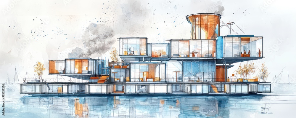 Technical drawing of a modular floating city, designed for resilience ...