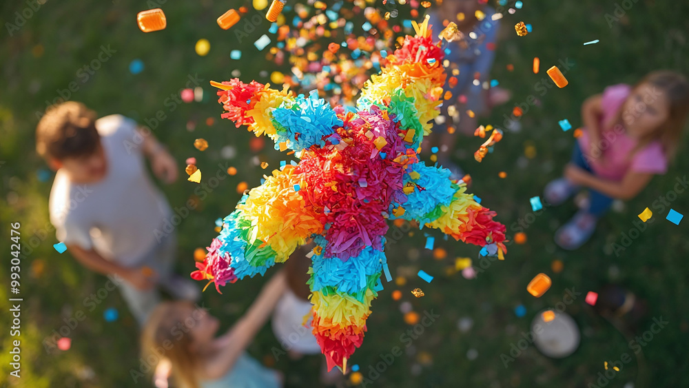 Colorful birthday piñata breaking open with candy spilling mid-air, fun ...
