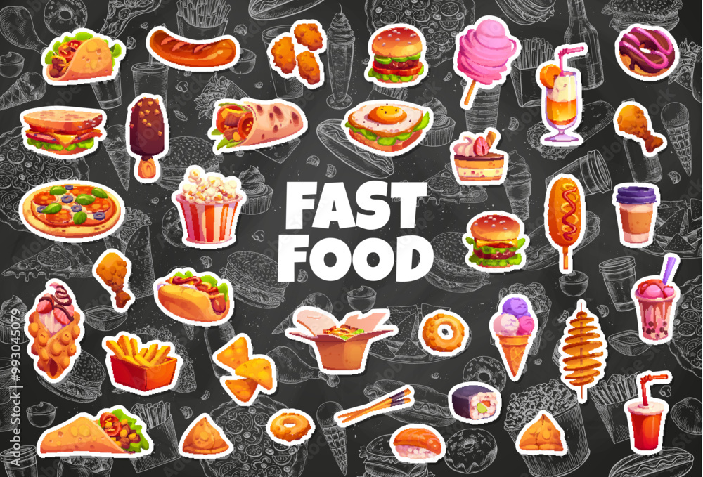 Cartoon takeaway fast food stickers pack featuring vector burger, pizza ...