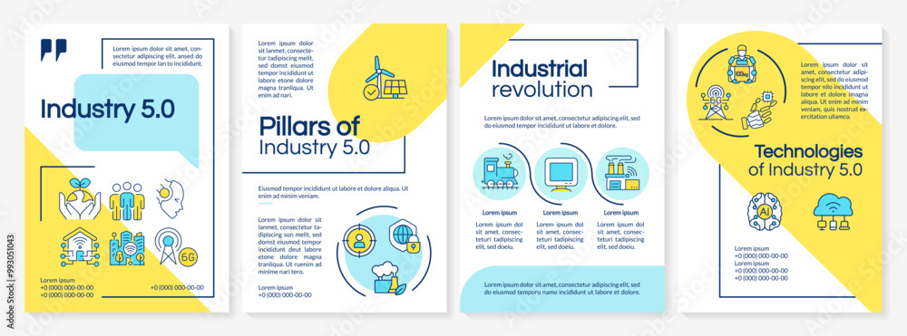 Industry 5.0 blue and yellow brochure template. Industrial revolution ...