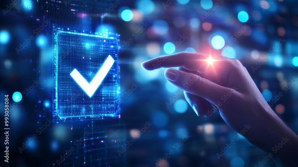 Symbolizing approval, quality assurance, and digital verification. Hand ...