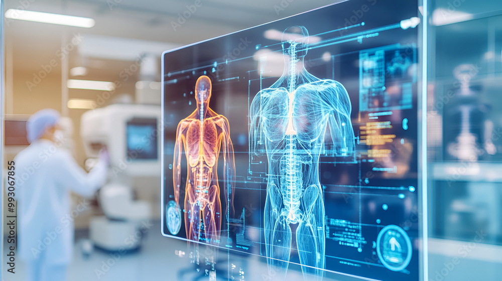 A high-tech medical scanner with a transparent display, showing 3D ...
