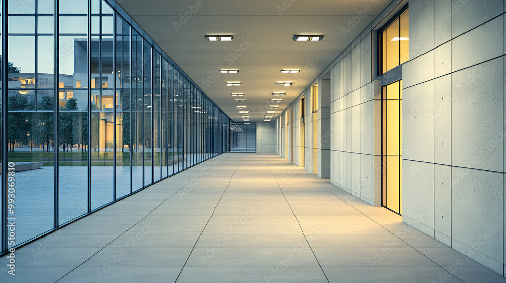 An empty prison corridor with light-gray walls and a large glass wall ...