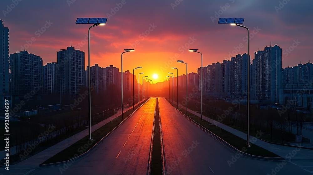 Solar-powered streetlights line a modern city boulevard, their sleek ...