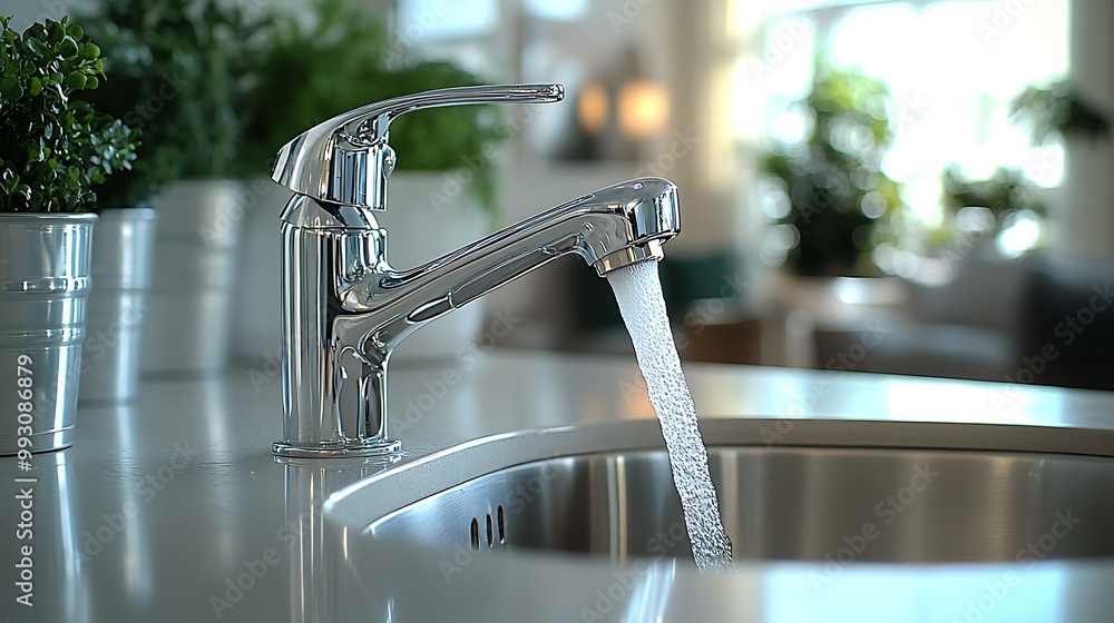 Water flowing from a faucet fitted with a water-saving aerator in a ...