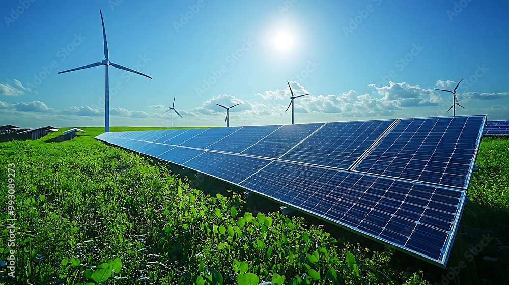 Wind turbines and solar panels working together in a bright, open field ...