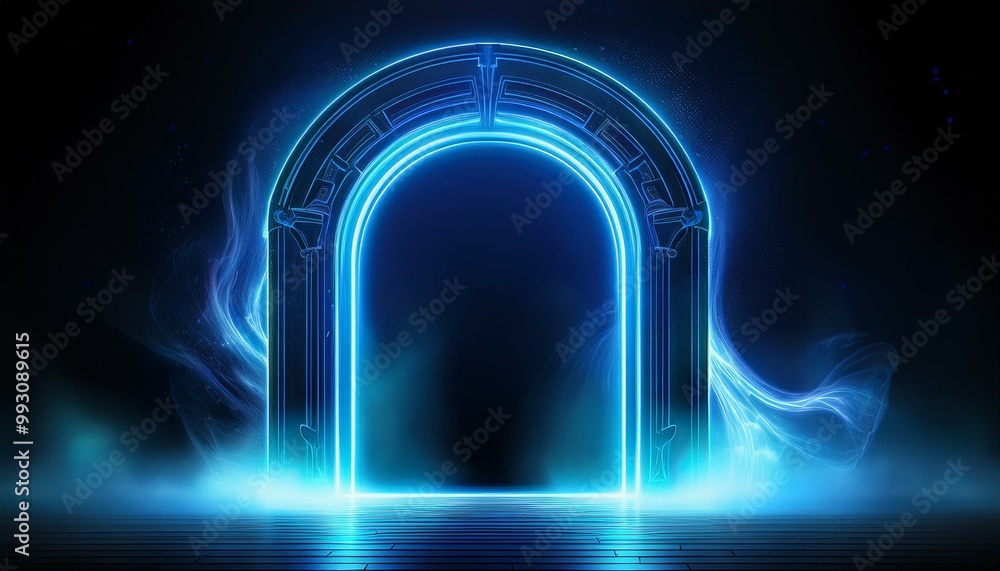 Neon light blue arch. A door with a glow of smoke in space. Portal ...