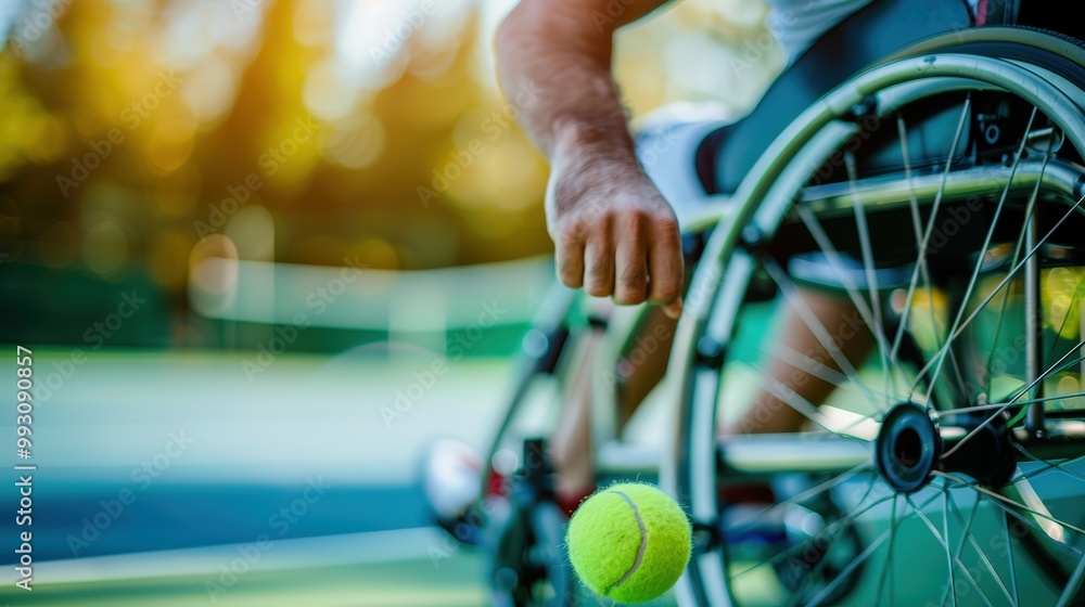 People in a wheelchair is pictured with a tennis racket and ball on an ...
