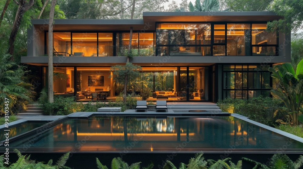 Luxury modern home in the jungle with expansive glass walls, surrounded ...