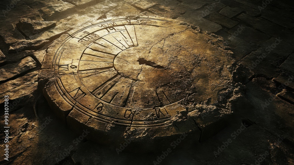 An ancient sundial with time markings fading into dust, as if eroded by ...
