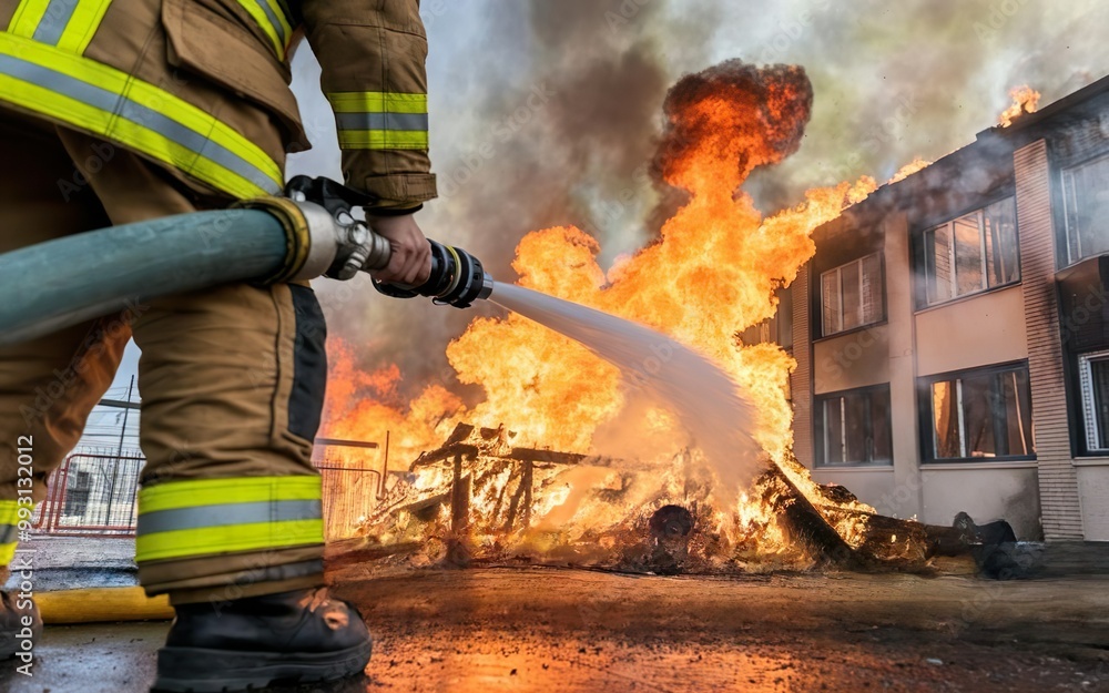 Firefighter spray water jet at burning house. Fire emergency and rescue ...