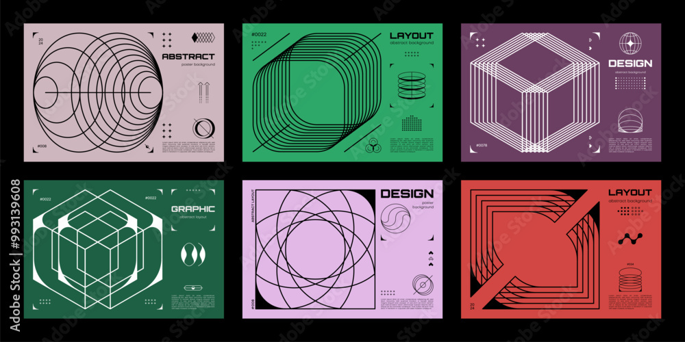 Abstract Brutalism posters and banners with wireframe isometric 3D ...