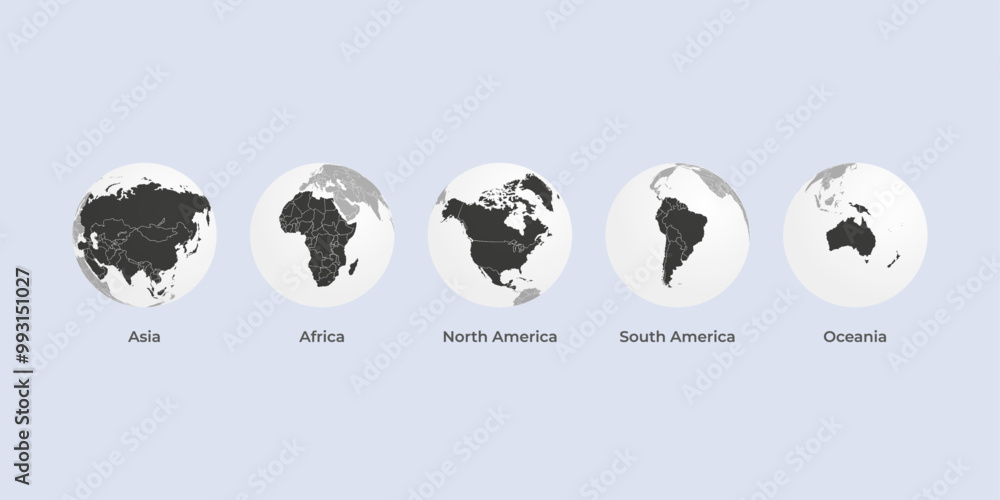 Earth map globe icon set with five continents transparent background ...