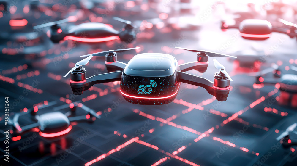 Multiple AI-powered drones hovering, connected through a glowing 5G ...