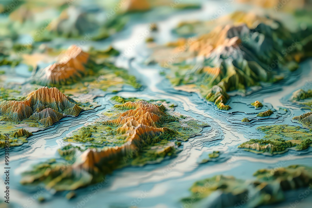 Detailed topographic map with mountains, valleys, and rivers, capturing ...