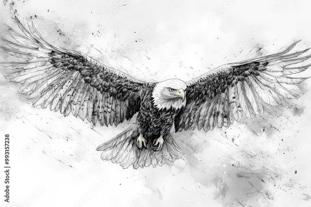 Detailed pencil drawing of an eagle in flight, wings spread wide ...