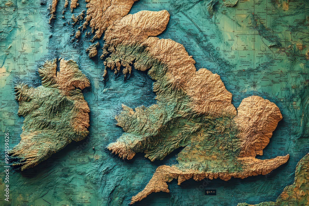 3D map of the British Isles with detailed contours and elevations ...