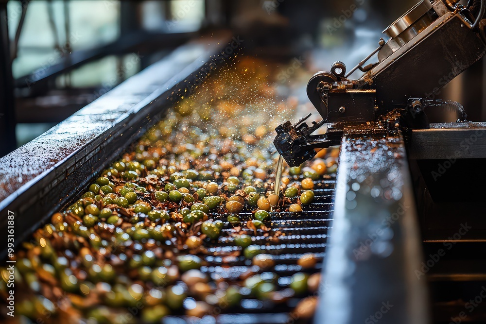 Mechanized conveyor system moving olives in factory, part of the olive ...
