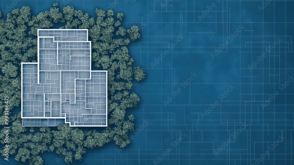 Architectural blueprint overlaying a wooded area, showcasing design ...