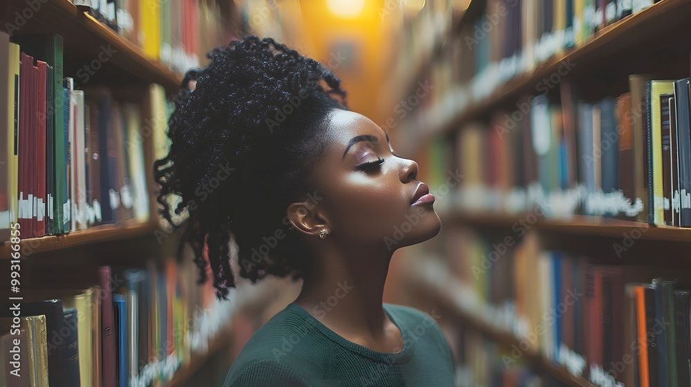 Profile of a Black woman with a natural hairstyle in a library setting ...