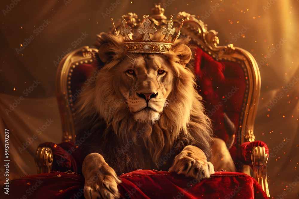 Lion King Sit On Throne In Golden Crown Symbol of Strength and Regal ...
