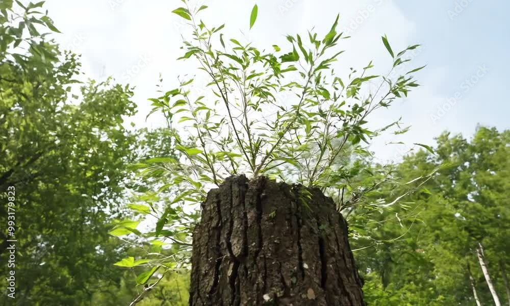 Tree stump regenerating new leaves and branches in a botanical garden ...